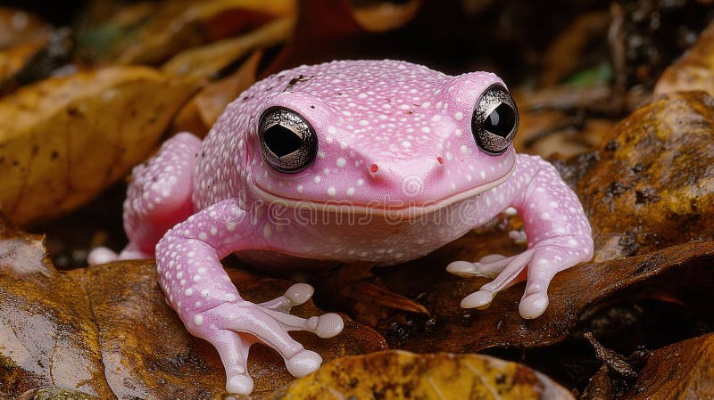 Pink frog on autumn leaves stock photo. Image of nature - 370695894