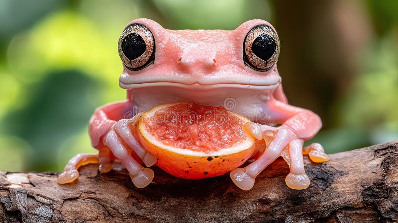 Pink Frog Eating a Slice of Fruit Stock Photo - Image of closeup ...