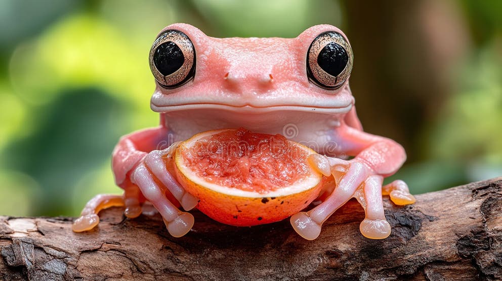 Pink Frog Eating a Slice of Fruit Stock Photo - Image of closeup ...