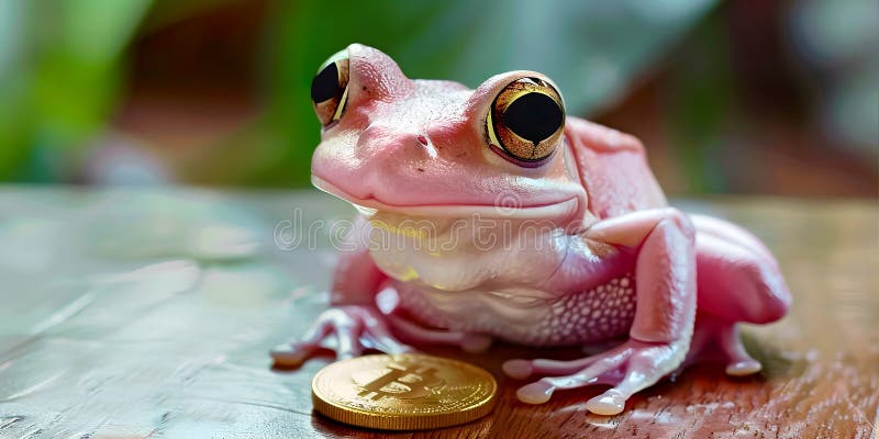 A Pink Frog Holds a Gold Coin in Its Mouth Stock Photo - Image of jump ...