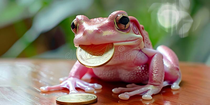 A Pink Frog Holds a Gold Coin in Its Mouth Stock Photo - Image of frog ...