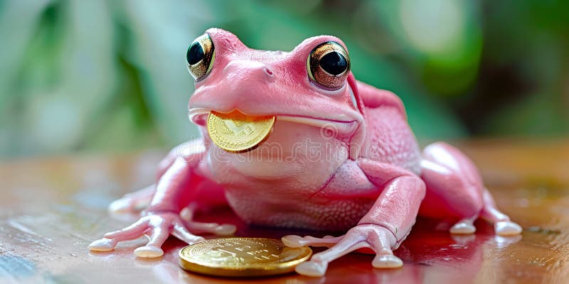 A Pink Frog Holds a Gold Coin in Its Mouth Stock Photo - Image of ...