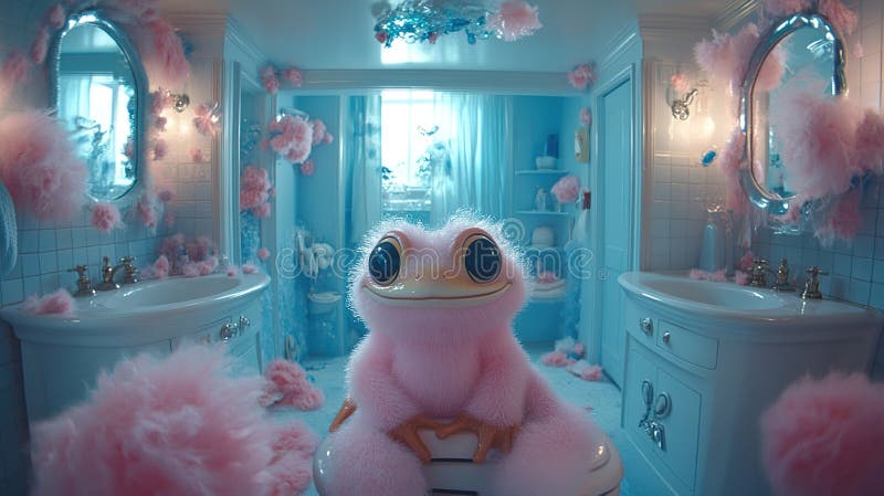 Pink Frog Sits in a Pastel Bathroom Filled with Cotton Candy Clouds ...