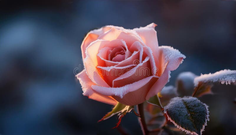 Pink Frost-covered Rose Standing Out in the Cold Winter Light. Stock ...