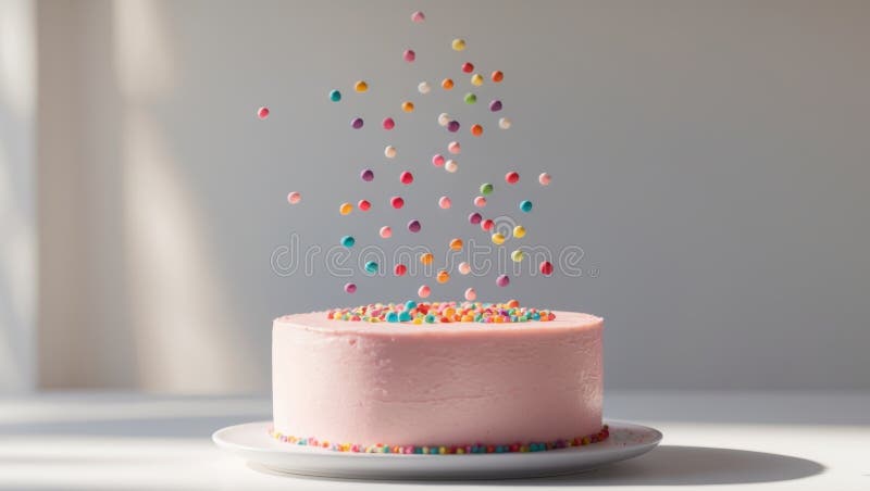 A Pink Frosted Cake with Sprinkles Falling on it Stock Illustration ...