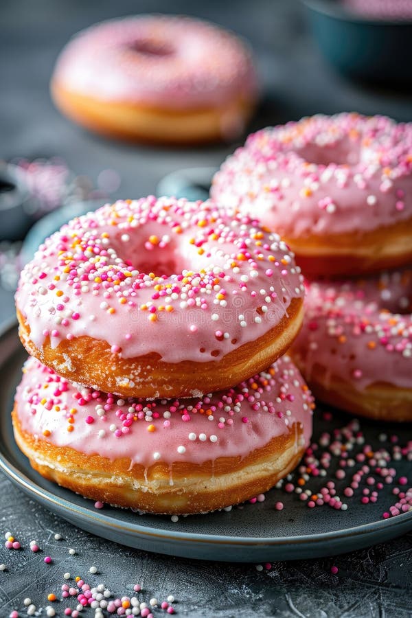 Pink Frosted Donuts with Multicolored Sprinkles on a Dark Plate. Stock ...