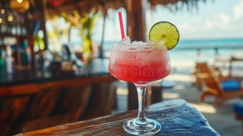 Pink Frozen Cocktail with Lime Garnish on Beach Bar Stock Illustration ...