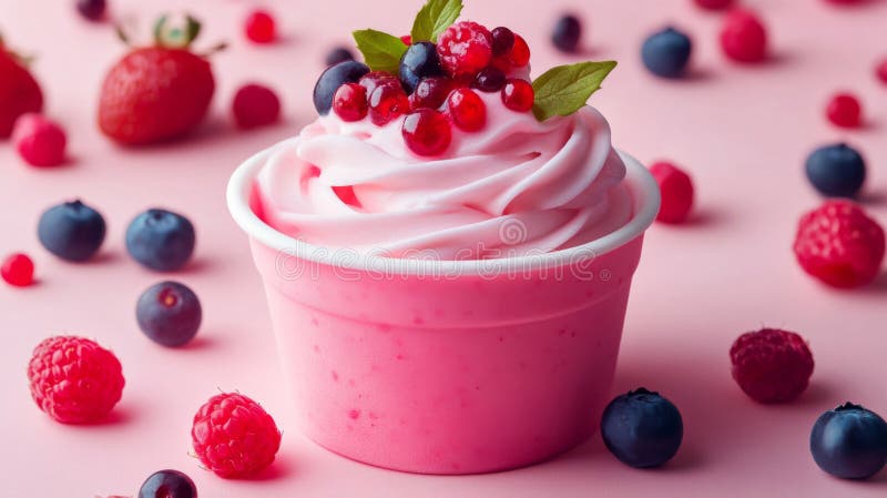 Pink Frozen Yogurt with Mixed Berries Stock Illustration - Illustration ...
