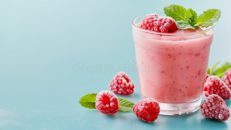 Pink Fruit Smoothie with Frozen Raspberries Against Light Blue ...