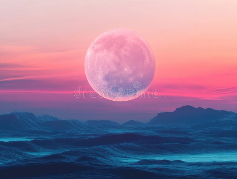 Pink Full Moon Over Ocean stock image. Image of marine - 375841005
