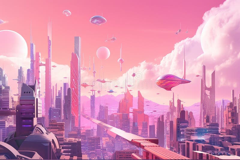 Pink Futuristic City with Towering Skyscrapers, Flying Vehicles, and ... Pink Futuristic City with Towering Skyscrapers, Flying Vehicles, and ...