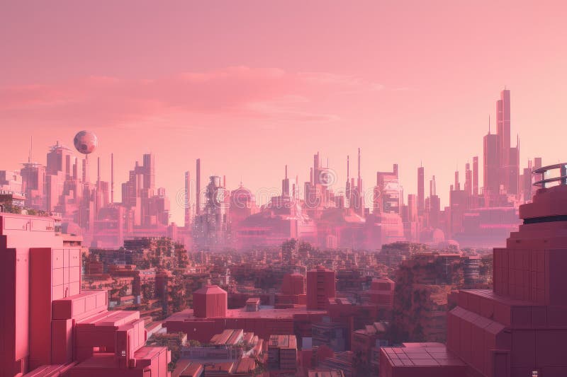 Pink Futuristic Cityscape, with Towering Skyscrapers and Bustling ... Pink Futuristic Cityscape, with Towering Skyscrapers and Bustling ...