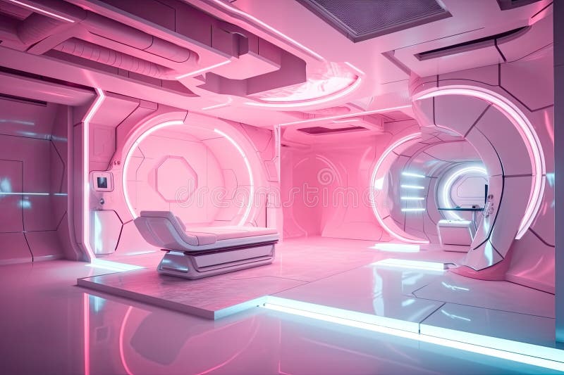 Pink Futuristic Room, with Holographic Projections and Technological ...