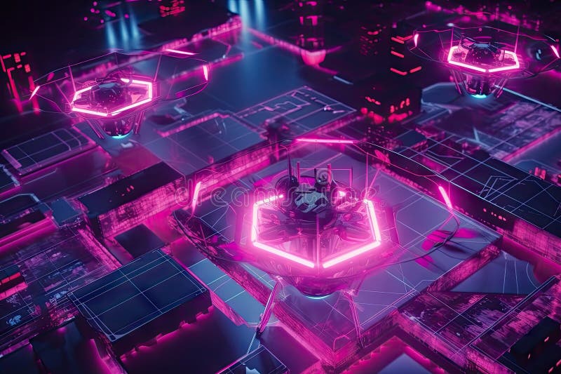 Pink Futuristic Setting, with Holographic Interface, and Flying Drones ...