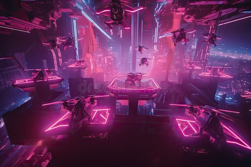 Pink Futuristic Setting, with Holographic Interface, and Flying Drones ...