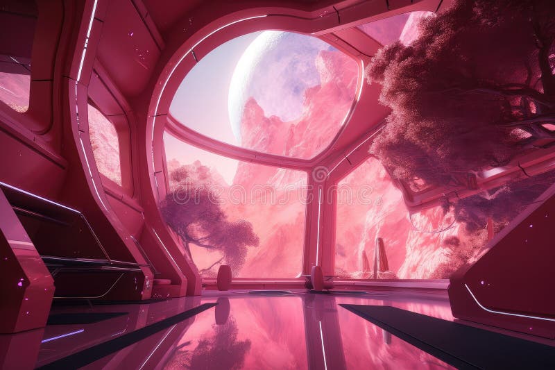 Pink Futuristic Setting, with View of Distant Starscapes and Galaxies ...