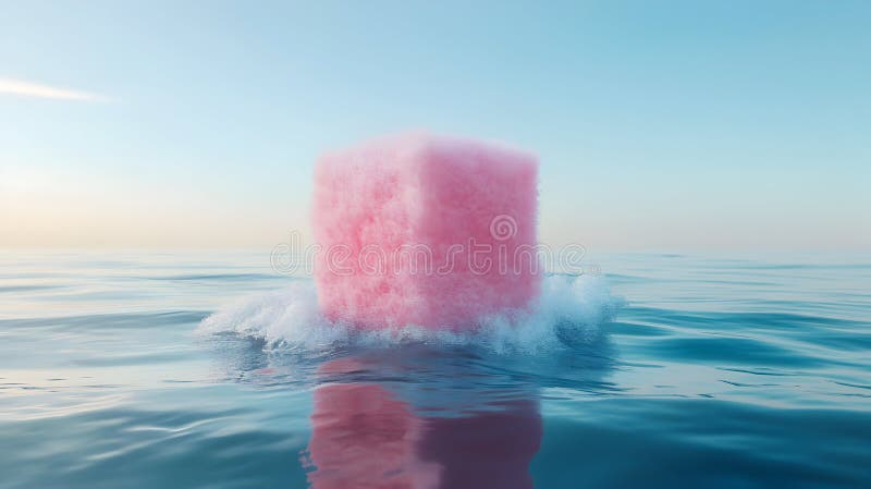 Pink Fuzzy Cube Emerging from Ocean Water in Serene Sunset Scene Stock ...