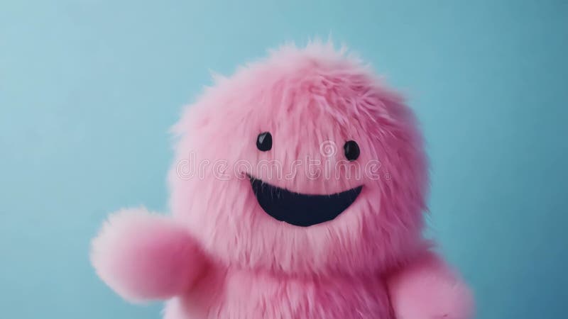 Pink Fuzzy Funny Puppet Performs a Cheerful Dance in a Studio Setting ...