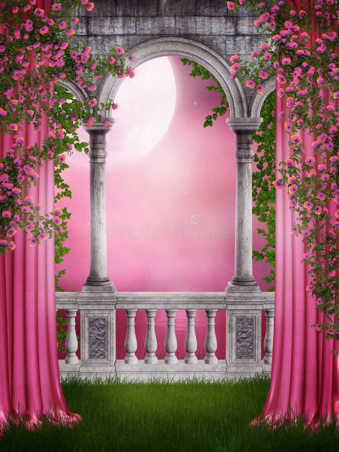 Pink garden with curtains stock illustration. Illustration of green ...