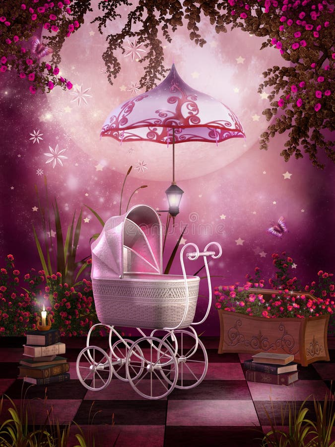 Pink garden with a pram stock illustration. Illustration of flower ...