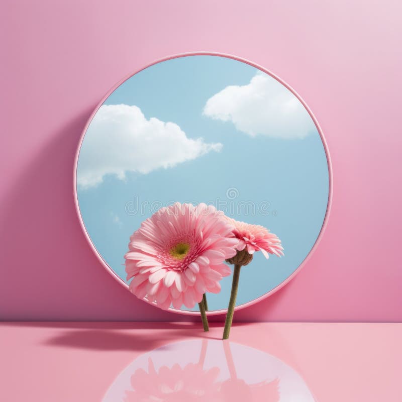 Pink Gerbera Flower on Blue Background with Frame. Flat Lay, Top View ...