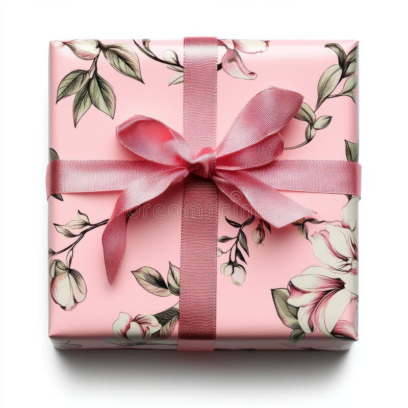 Pink Floral Gift Box with Shiny Ribbon on White Background Stock ...