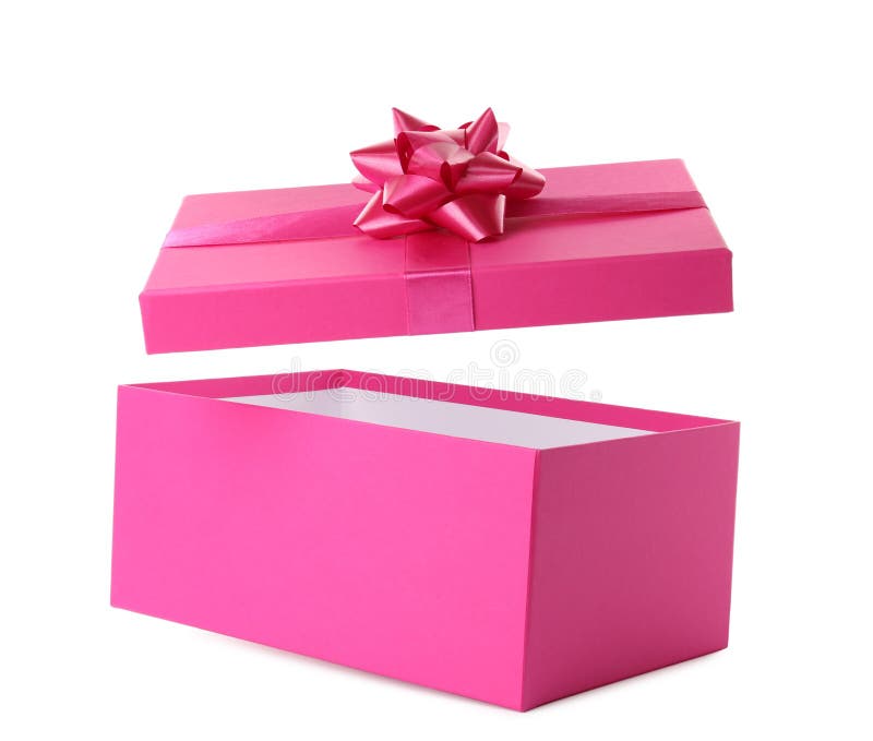 Pink Gift Box and Lid with Bow on White Background Stock Image - Image ...