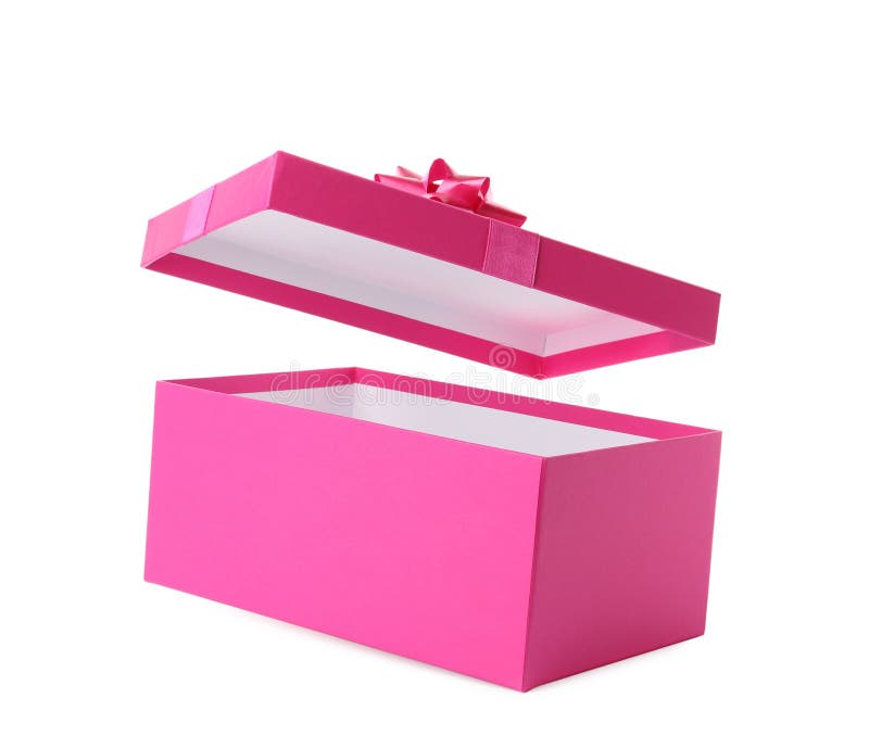 Pink Gift Box and Lid with Bow on White Background Stock Image - Image ...