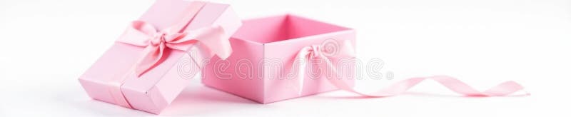 Pink Gift Box, Open Lid, Satin Ribbon Bow, Isolated White Background ...