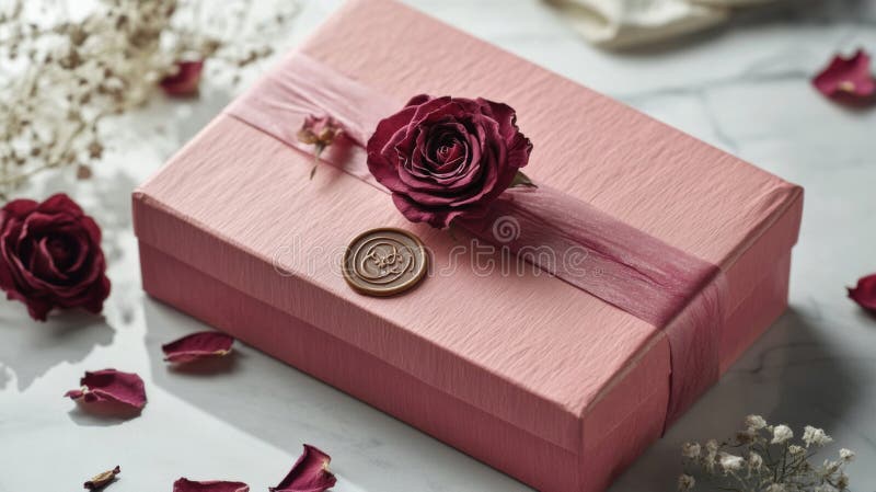 Pink Gift Box with Rose and Wax Seal Stock Illustration - Illustration ...