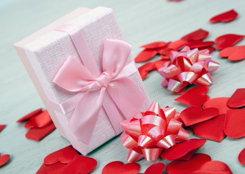 Pink Gift Box with Textile Heart Shapes Stock Photo - Image of boxing ...
