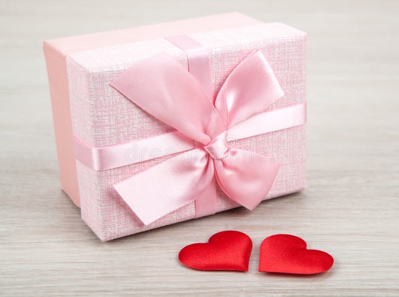 Pink Gift Box with Two Textile Heart Shapes Stock Photo - Image of ...
