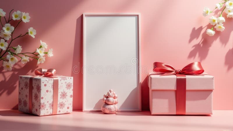 Pink Gift Boxes with Blank Frame and Flowers with Copy Space Stock ...