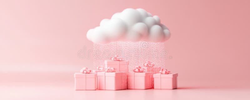 Pink Gift Boxes Raining from a Cloud in a Pastel Setting, Whimsical and ...