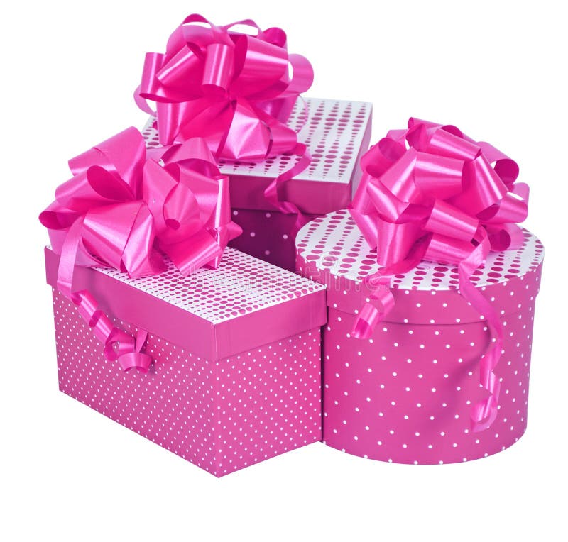 Pink Gift Boxes with Ribbon Bow Isolated on White Stock Photo - Image ...