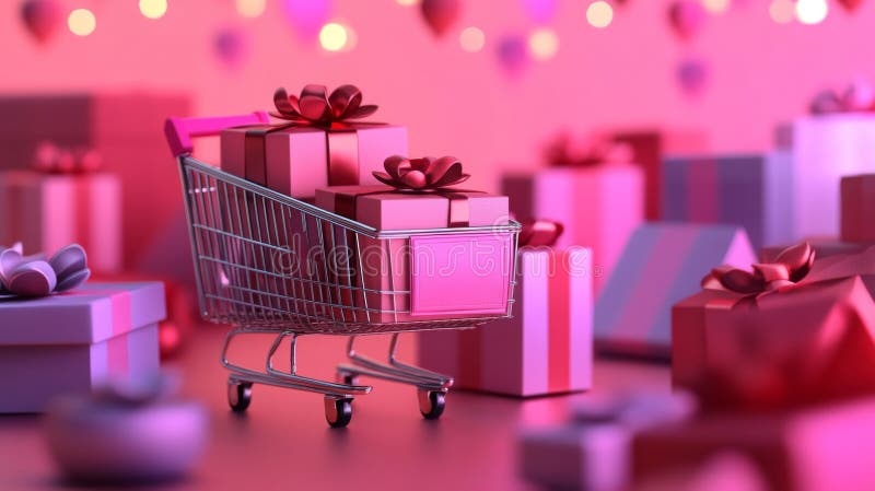 Pink Gift Boxes in a Shopping Cart on a Pink Background with Hearts ...