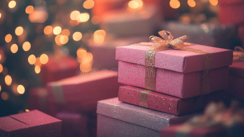 Pink Gift Boxes Stacked Near Christmas Lights Stock Illustration ...