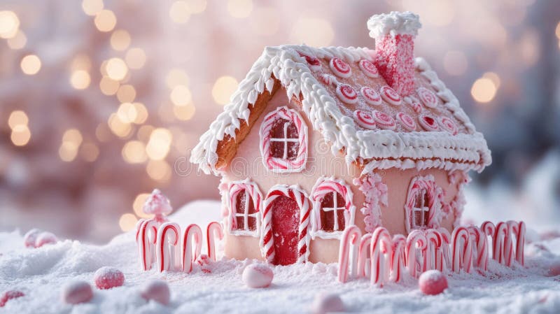Pink Gingerbread House with Candy Canes in Snowy Scene Stock ...