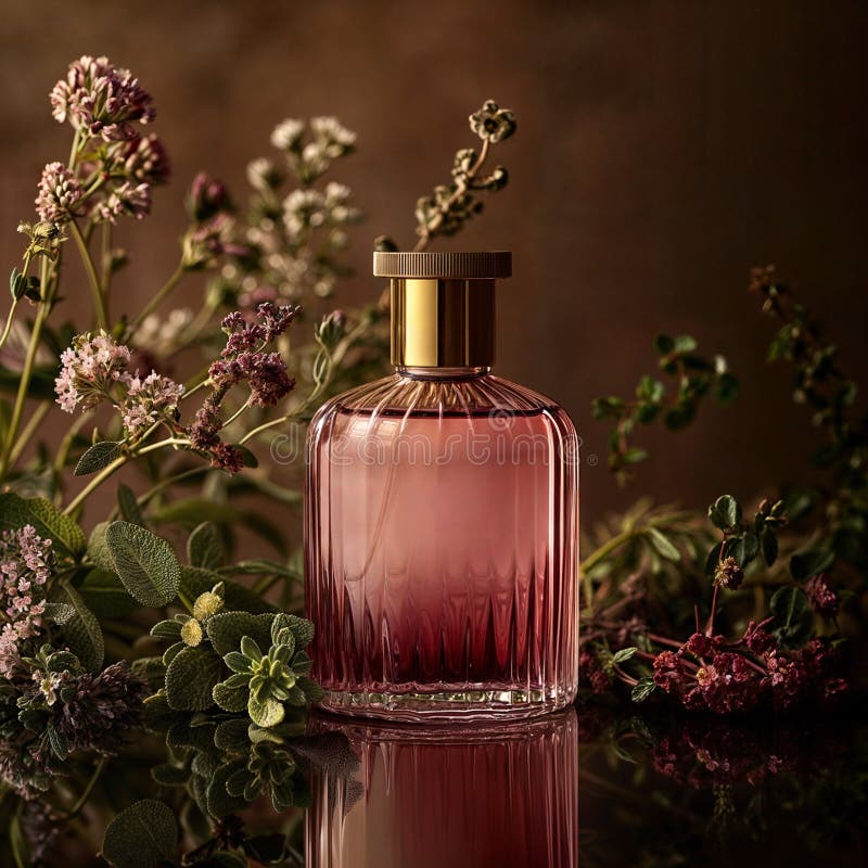 Pink Glass Perfume Bottle with a Gold Cap, Sitting on a Dark Reflective ...