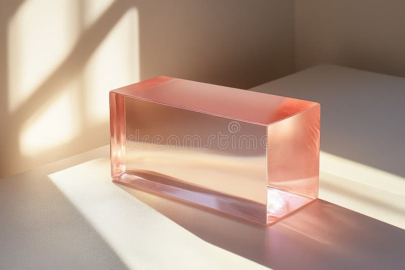Pink Glass Rectangular Prism on a White Surface with Window Light ...