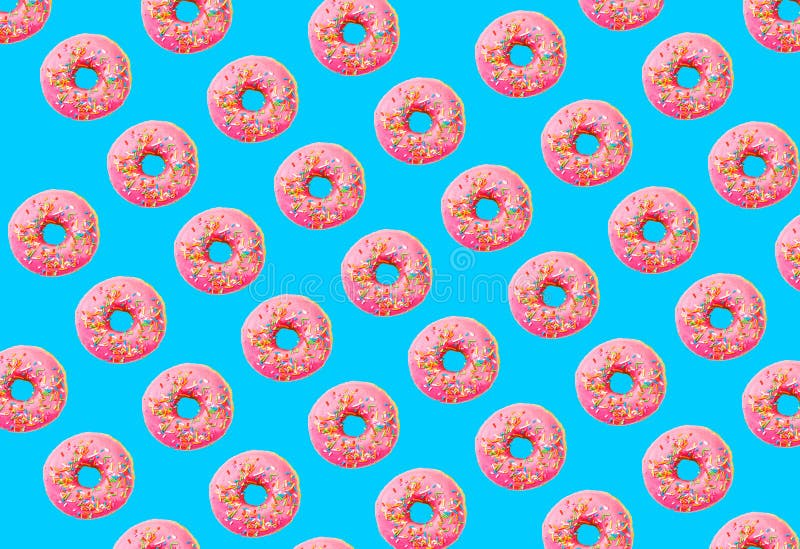 Pink Glazed Donut Pattern on Blue Pastel Background. Creative Concept ...