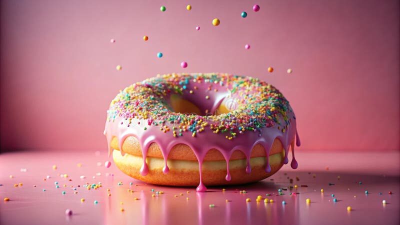 Pink Glazed Donut with Rainbow Sprinkles Dripping on Pink Surface ...