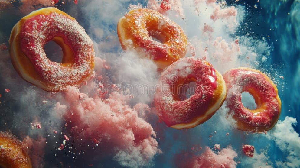 Pink Glazed Donuts Exploding in Blue Powder Stock Illustration - Illustration of dynamic, high ...
