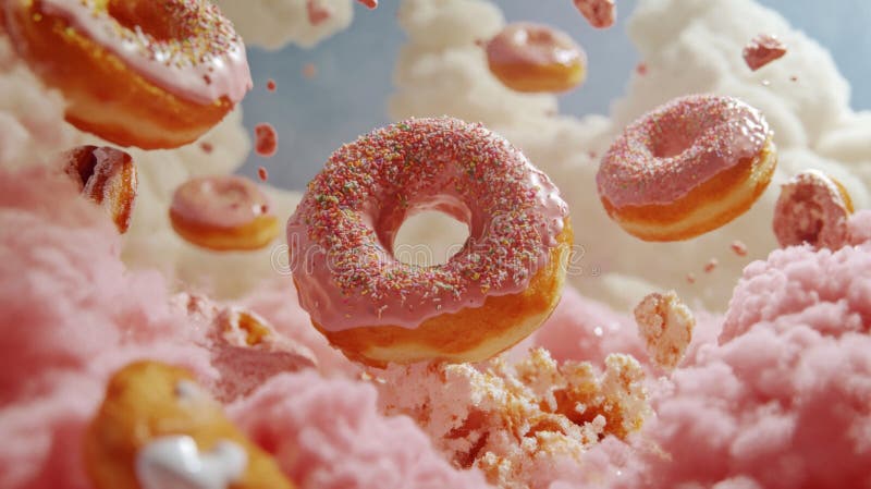 Pink Glazed Donuts Falling through Candy Clouds Stock Illustration ...