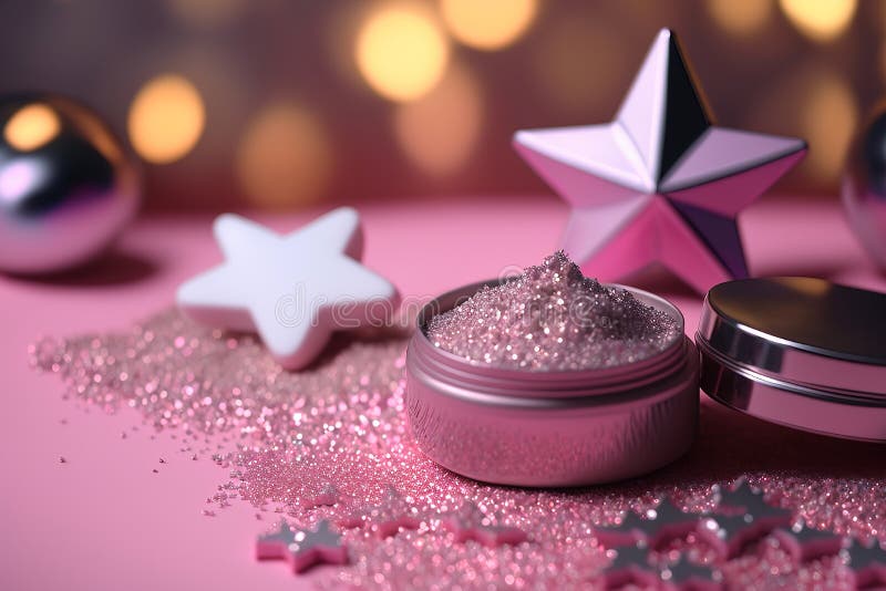 Pink Glitter in a Box and Stars on a Pink Table Stock Illustration ...