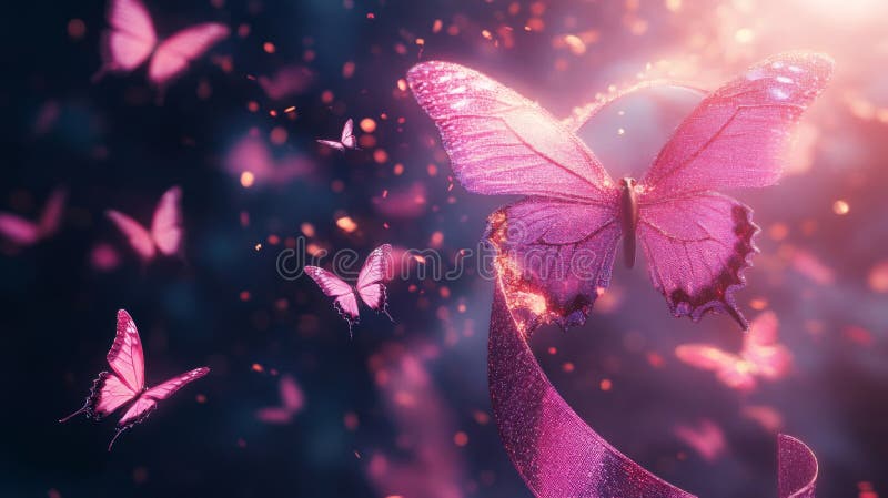 Pink Glitter Butterflies Flying in Magical Light Stock Illustration ...