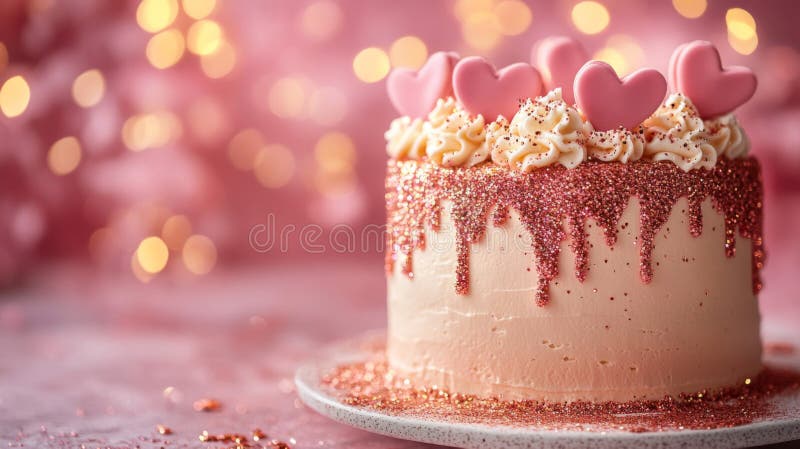 Pink Glitter Cake Decorated with Hearts Stock Illustration ...