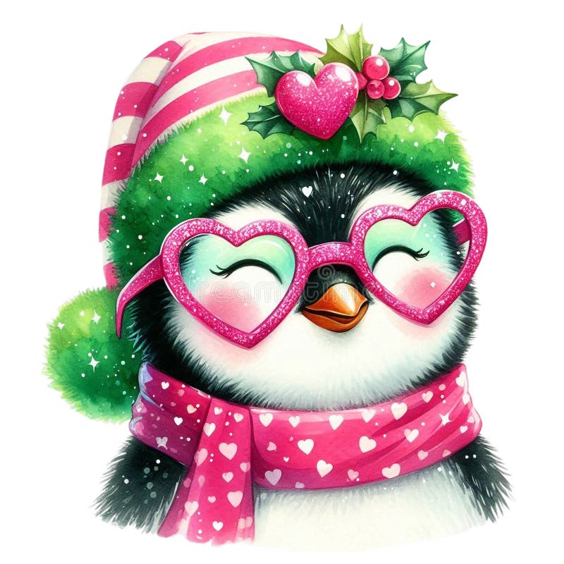 Pink Glitter Christmas Penguin. Twinkling Lights Christmas Stock ...