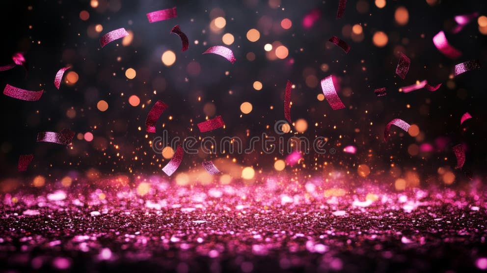 Pink Glitter Confetti Falling on Dark Background Stock Illustration ...