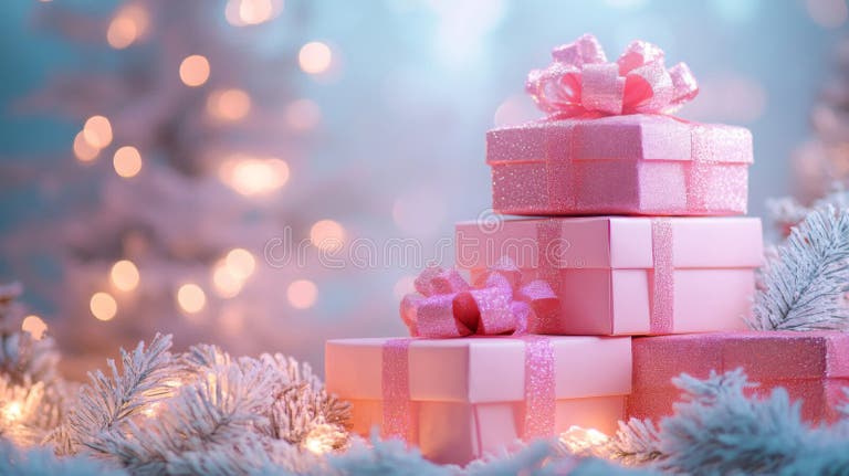 Pink Glitter Gift Boxes Under Christmas Lights Stock Illustration ...